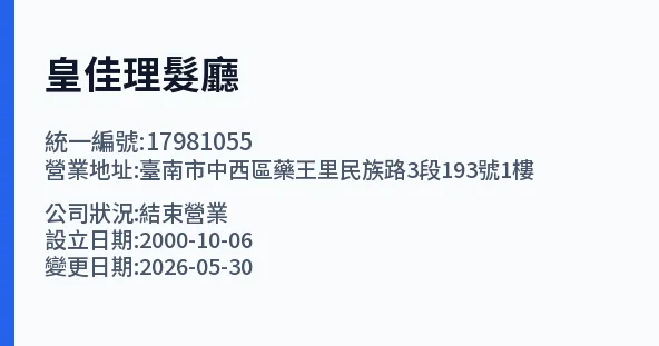 皇佳理髮廳的照片-統編 17981055(臺南市) 公司登記資料與營業項目詳細圖表