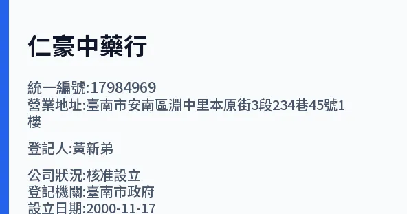 仁豪中藥行的照片-統編 17984969(臺南市) 公司登記資料與營業項目詳細圖表