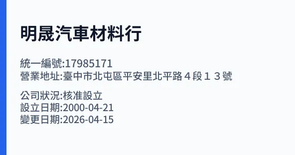 明晟汽車材料行的照片-統編 17985171(臺中市) 公司登記資料與營業項目詳細圖表