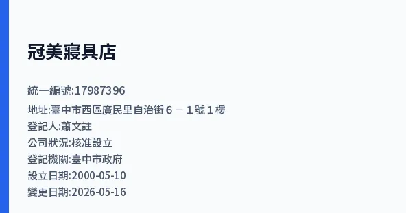 冠美寢具店的照片-統編 17987396(臺中市) 公司登記資料與營業項目詳細圖表