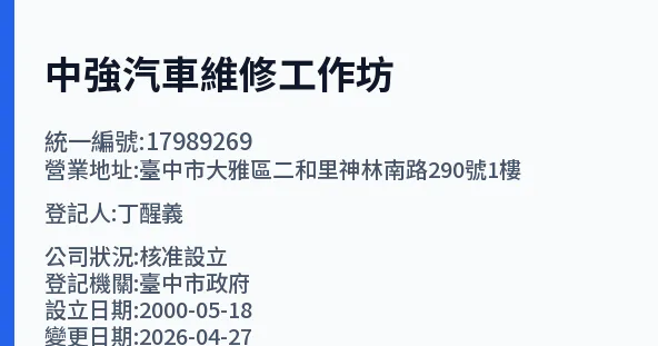 中強汽車維修工作坊的照片-統編 17989269(臺中市) 公司登記資料與營業項目詳細圖表