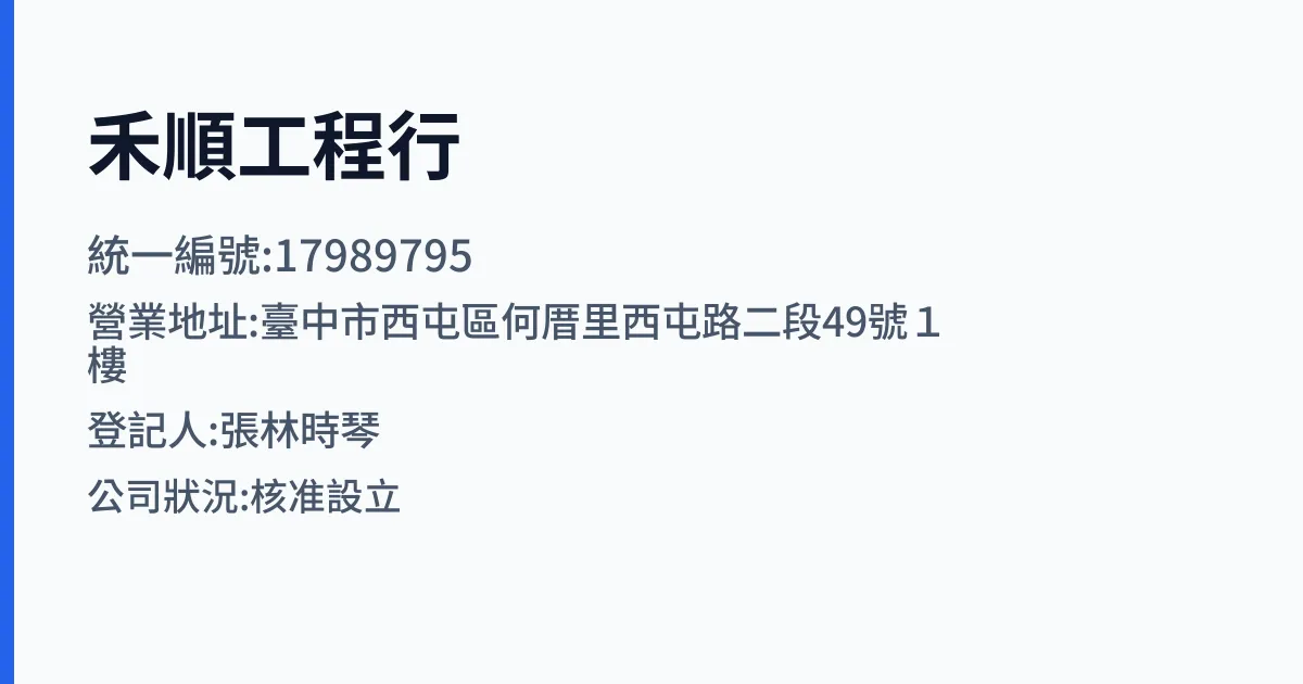 禾順工程行 - 統編 17989795(臺中市) 公司登記資料與營業項目詳細圖表