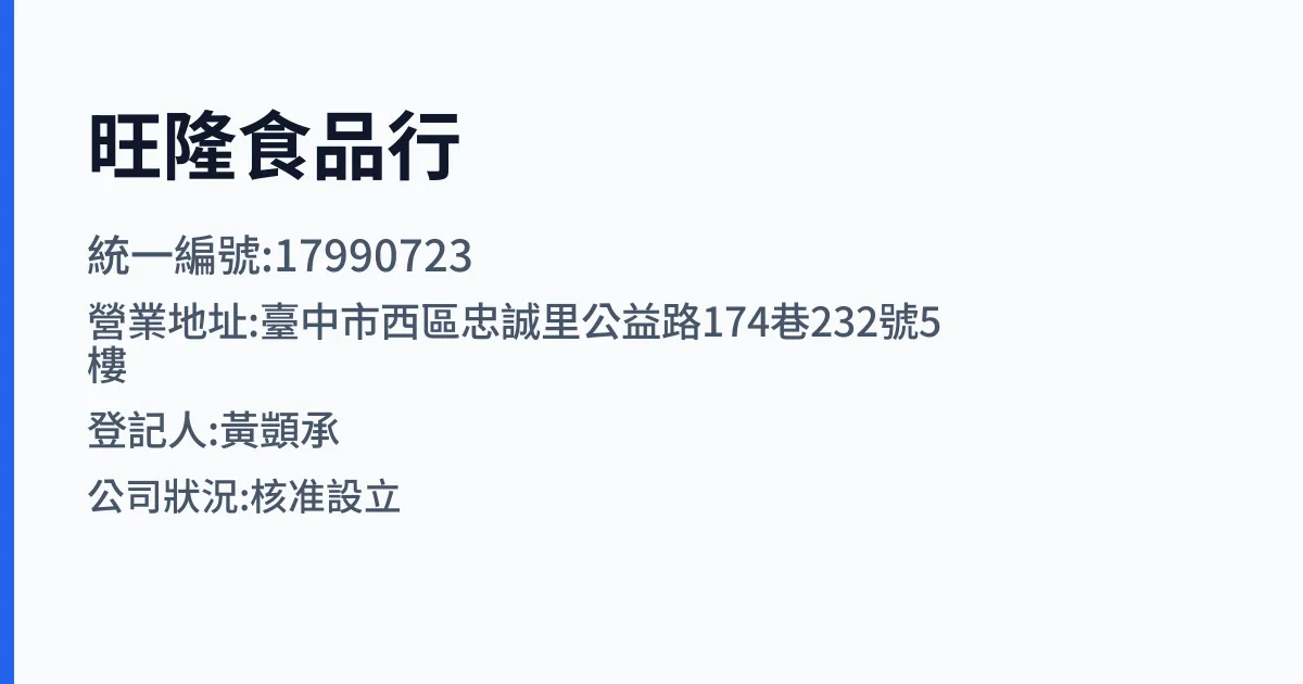 旺隆食品行 - 統編 17990723(臺中市) 公司登記資料與營業項目詳細圖表