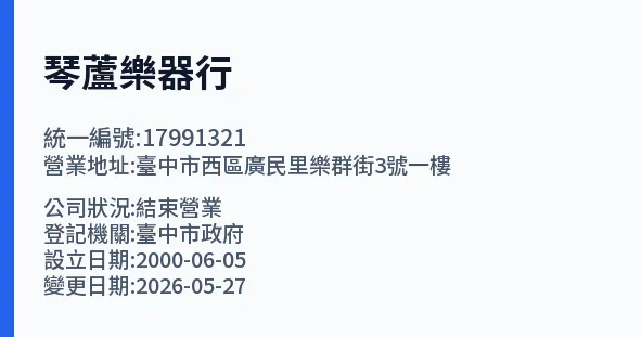 琴蘆樂器行的照片-統編 17991321(臺中市) 公司登記資料與營業項目詳細圖表