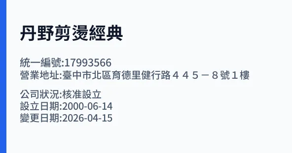 丹野剪燙經典的照片-統編 17993566(臺中市) 公司登記資料與營業項目詳細圖表