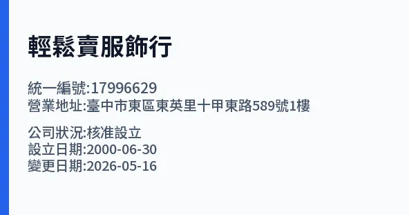 輕鬆賣服飾行的照片-統編 17996629(臺中市) 公司登記資料與營業項目詳細圖表