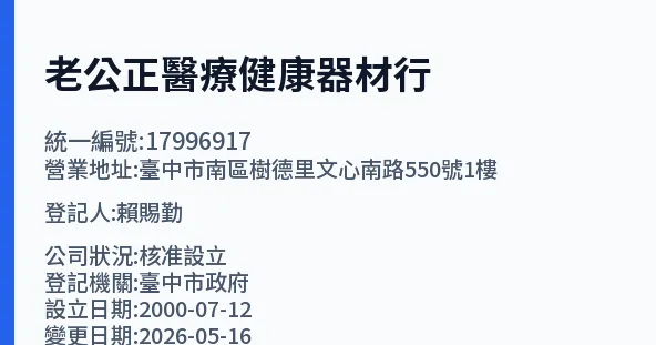 老公正醫療健康器材行的照片-統編 17996917(臺中市) 公司登記資料與營業項目詳細圖表