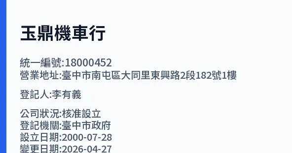 玉鼎機車行的照片-統編 18000452(臺中市) 公司登記資料與營業項目詳細圖表