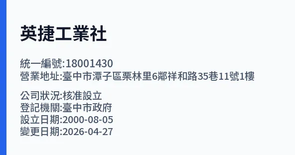 英捷工業社的照片-統編 18001430(臺中市) 公司登記資料與營業項目詳細圖表