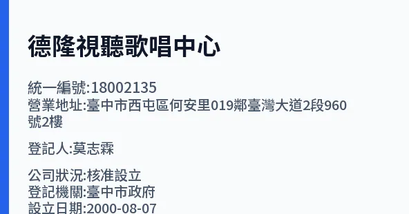 德隆視聽歌唱中心的照片-統編 18002135(臺中市) 公司登記資料與營業項目詳細圖表