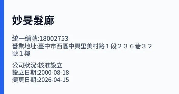 妙旻髮廊的照片-統編 18002753(臺中市) 公司登記資料與營業項目詳細圖表