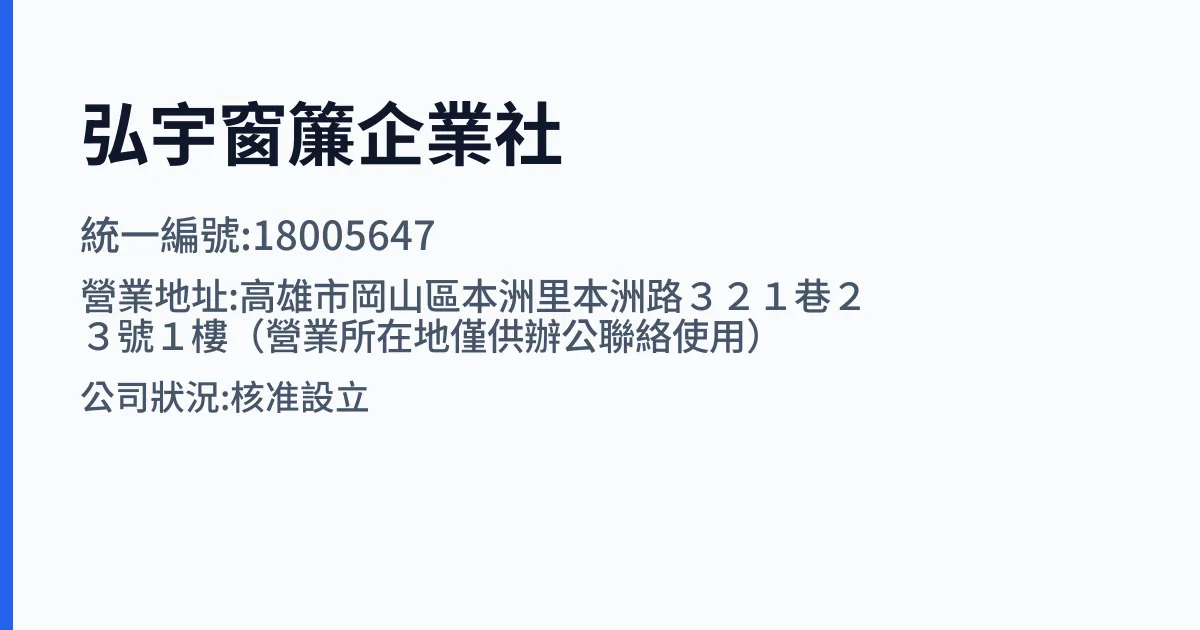 弘宇窗簾企業社 - 統編 18005647(高雄市) 公司登記資料與營業項目詳細圖表