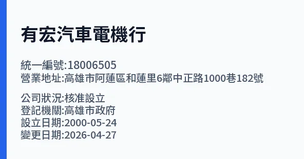 有宏汽車電機行的照片-統編 18006505(高雄市) 公司登記資料與營業項目詳細圖表
