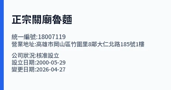 正宗關廟魯麵的照片-統編 18007119(高雄市) 公司登記資料與營業項目詳細圖表