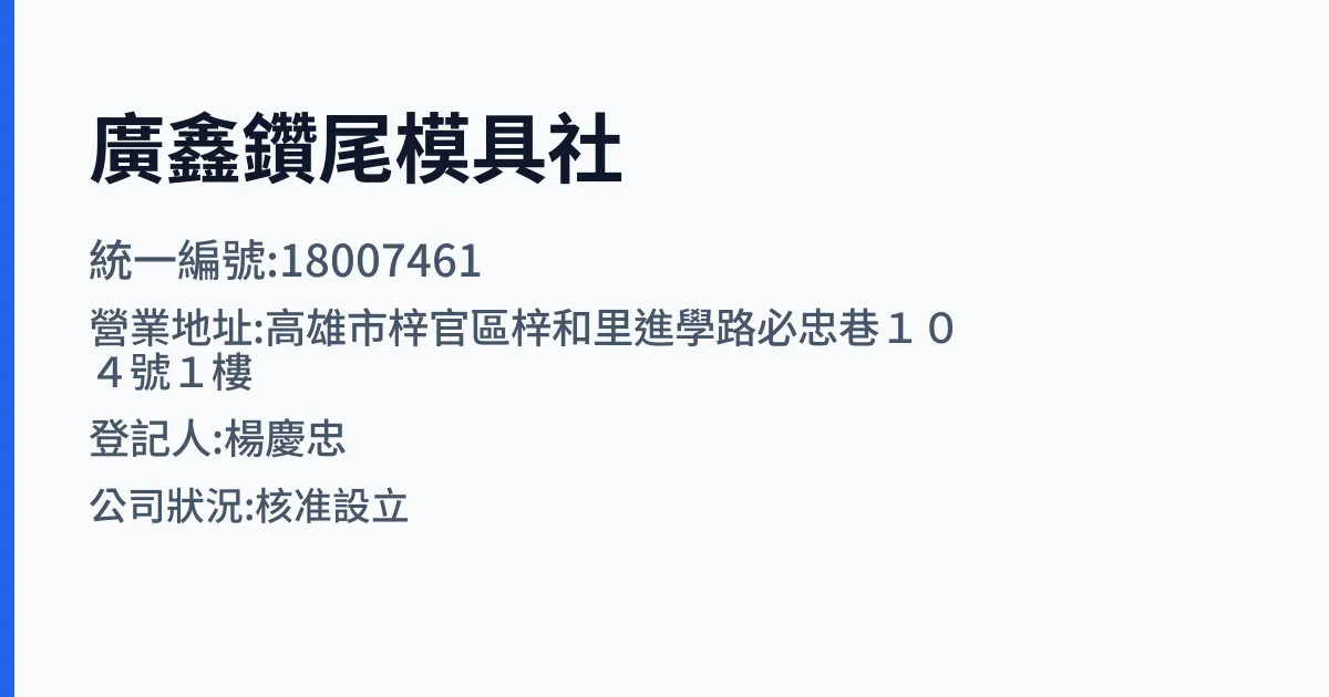 廣鑫鑽尾模具社 - 統編 18007461(高雄市) 公司登記資料與營業項目詳細圖表