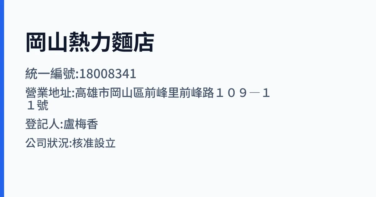 岡山熱力麵店 - 統編 18008341(高雄市) 公司登記資料與營業項目詳細圖表