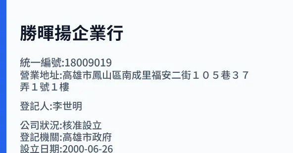 勝暉揚企業行的照片-統編 18009019(高雄市) 公司登記資料與營業項目詳細圖表