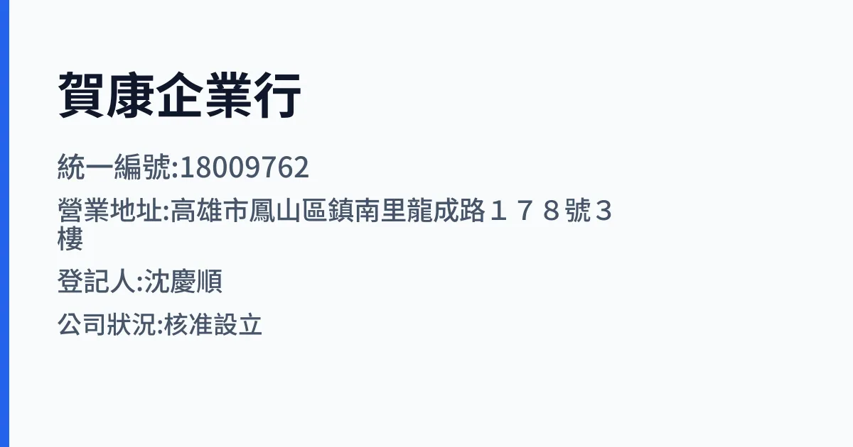 賀康企業行 - 統編 18009762(高雄市) 公司登記資料與營業項目詳細圖表