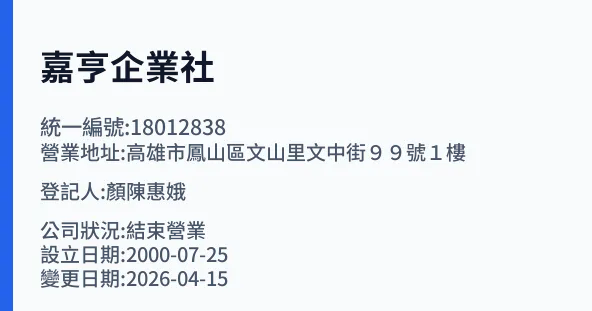 嘉亨企業社的照片-統編 18012838(高雄市) 公司登記資料與營業項目詳細圖表