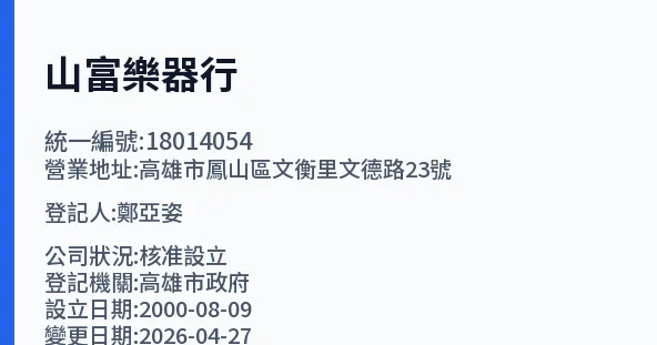 山富樂器行的照片-統編 18014054(高雄市) 公司登記資料與營業項目詳細圖表