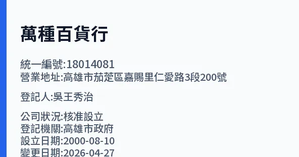 萬種百貨行的照片-統編 18014081(高雄市) 公司登記資料與營業項目詳細圖表
