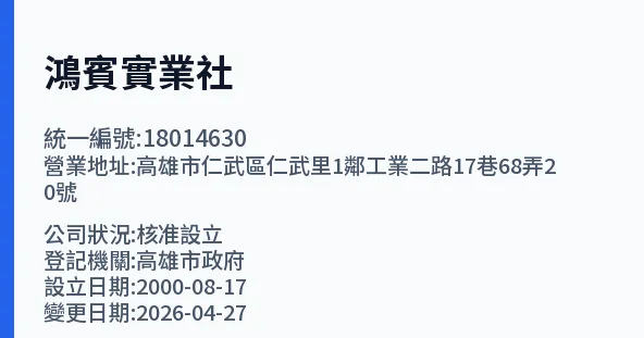 鴻賓實業社的照片-統編 18014630(高雄市) 公司登記資料與營業項目詳細圖表