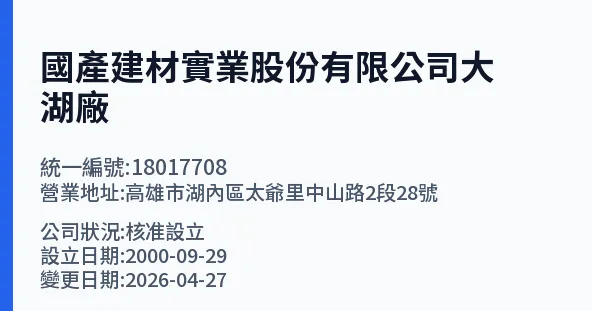國產建材實業股份有限公司大湖廠的照片-統編 18017708(高雄市) 公司登記資料與營業項目詳細圖表