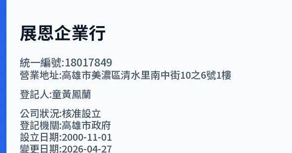 展恩企業行的照片-統編 18017849(高雄市) 公司登記資料與營業項目詳細圖表