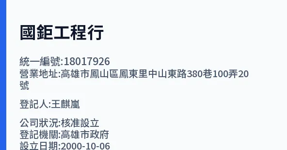 國鉅工程行的照片-統編 18017926(高雄市) 公司登記資料與營業項目詳細圖表