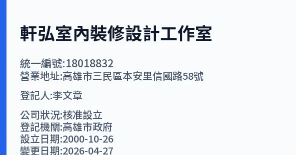 軒弘室內裝修設計工作室的照片-統編 18018832(高雄市) 公司登記資料與營業項目詳細圖表
