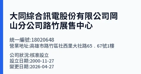 大同綜合訊電股份有限公司岡山分公司路竹展售中心的照片-統編 18020648(高雄市) 公司登記資料與營業項目詳細圖表