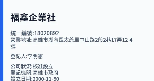 福鑫企業社的照片-統編 18020892(高雄市) 公司登記資料與營業項目詳細圖表