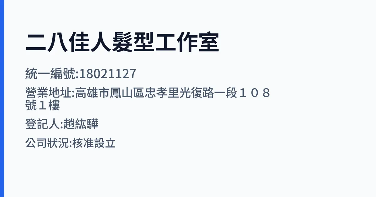 二八佳人髮型工作室 - 統編 18021127(高雄市) 公司登記資料與營業項目詳細圖表