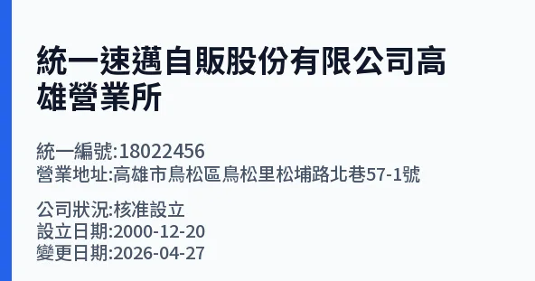 統一速邁自販股份有限公司高雄營業所的照片-統編 18022456(高雄市) 公司登記資料與營業項目詳細圖表