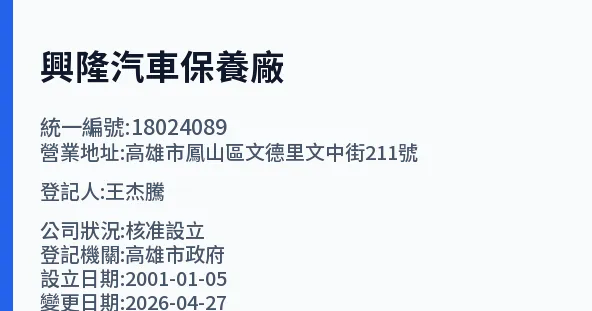 興隆汽車保養廠的照片-統編 18024089(高雄市) 公司登記資料與營業項目詳細圖表