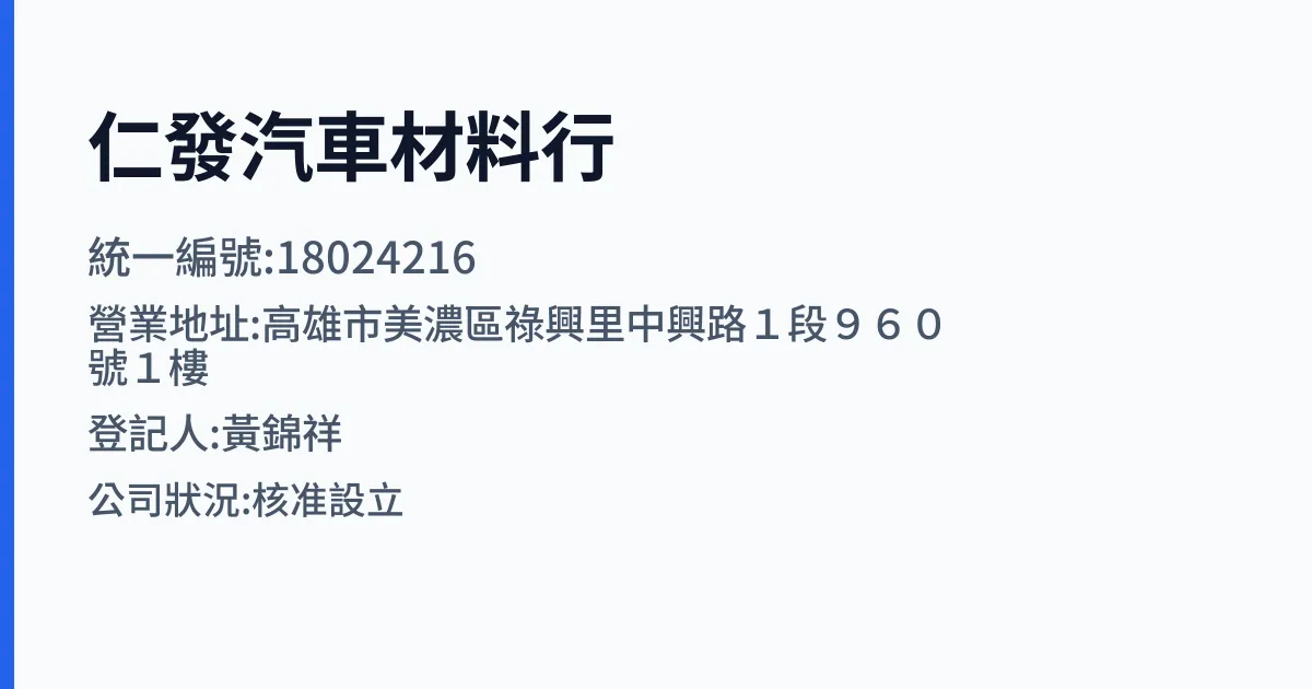 仁發汽車材料行 - 統編 18024216(高雄市) 公司登記資料與營業項目詳細圖表