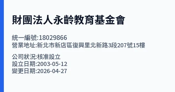 財團法人永齡教育基金會的照片-統編 18029866(新北市) 公司登記資料與營業項目詳細圖表