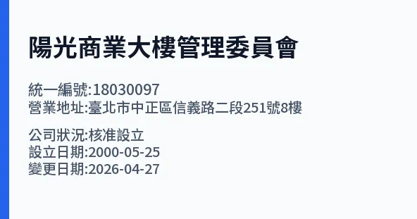 陽光商業大樓管理委員會的照片-統編 18030097(臺北市) 公司登記資料與營業項目詳細圖表