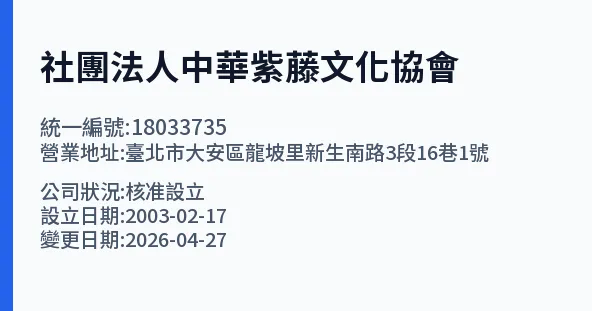 社團法人中華紫藤文化協會的照片-統編 18033735(臺北市) 公司登記資料與營業項目詳細圖表