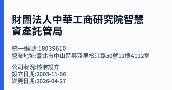 財團法人中華工商研究院智慧資產託管局的照片-統編 18039610(臺北市) 公司登記資料與營業項目詳細圖表