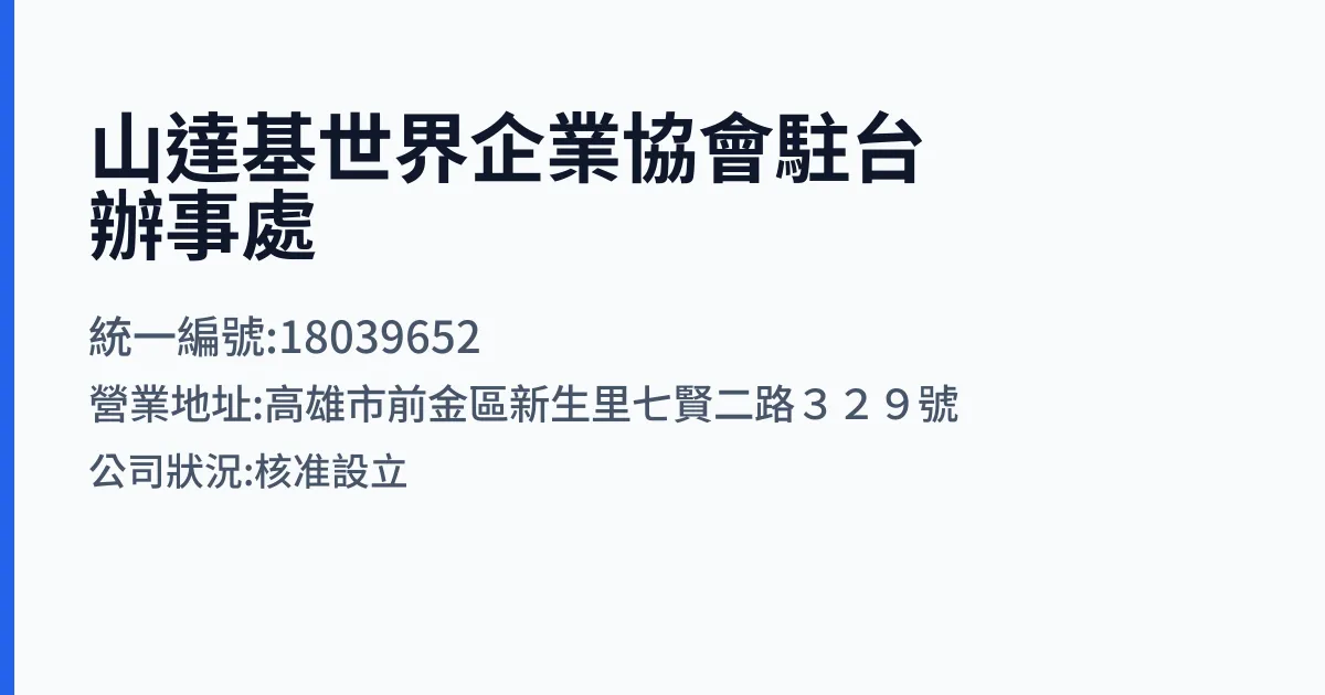 山達基世界企業協會駐台辦事處 - 統編 18039652(高雄市) 公司登記資料與營業項目詳細圖表