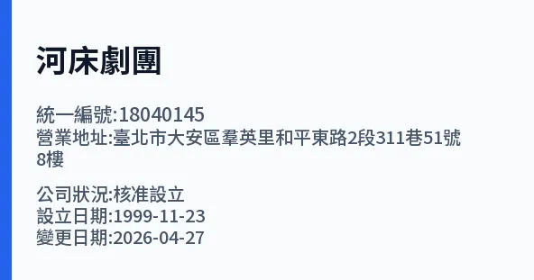 河床劇團的照片-統編 18040145(臺北市) 公司登記資料與營業項目詳細圖表