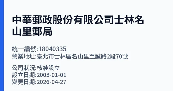 中華郵政股份有限公司士林名山里郵局的照片-統編 18040335(臺北市) 公司登記資料與營業項目詳細圖表