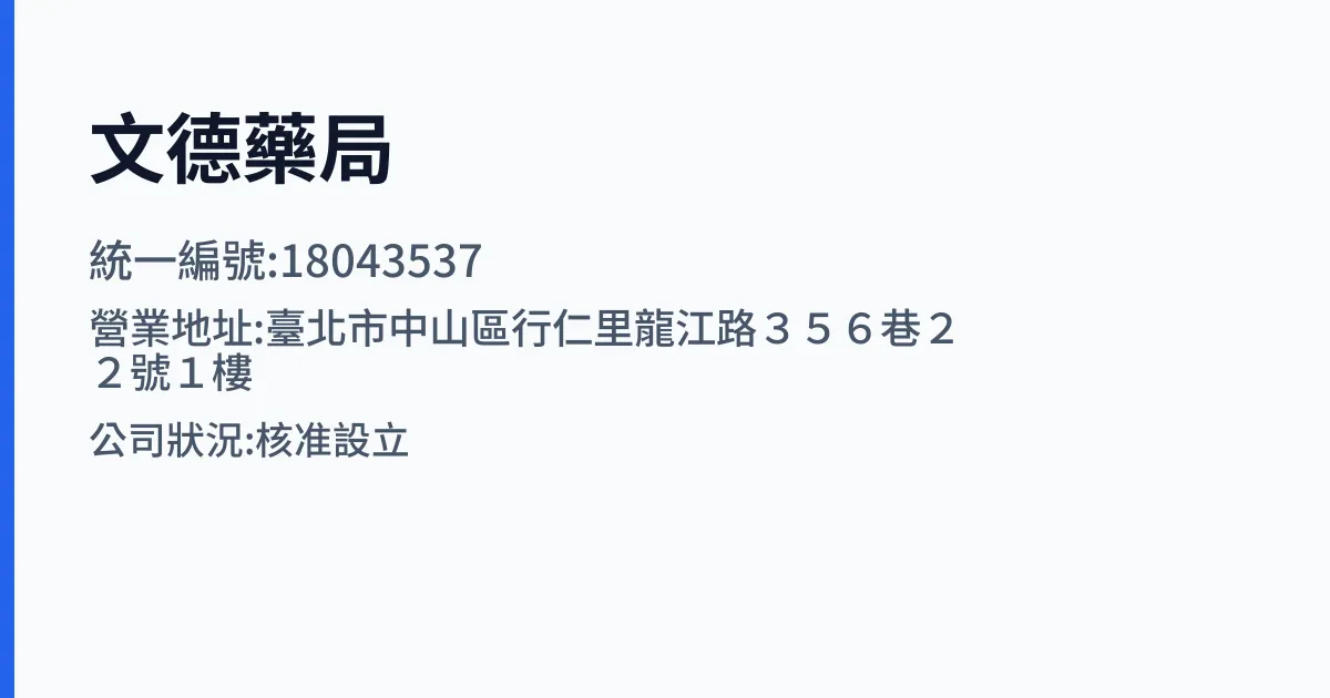 文德藥局 - 統編 18043537(臺北市) 公司登記資料與營業項目詳細圖表
