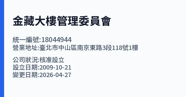 金藏大樓管理委員會的照片-統編 18044944(臺北市) 公司登記資料與營業項目詳細圖表