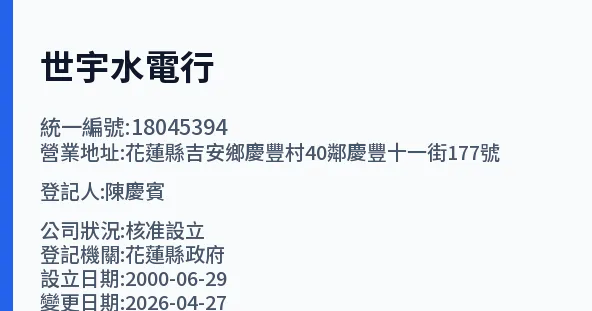 世宇水電行的照片-統編 18045394(花蓮縣) 公司登記資料與營業項目詳細圖表