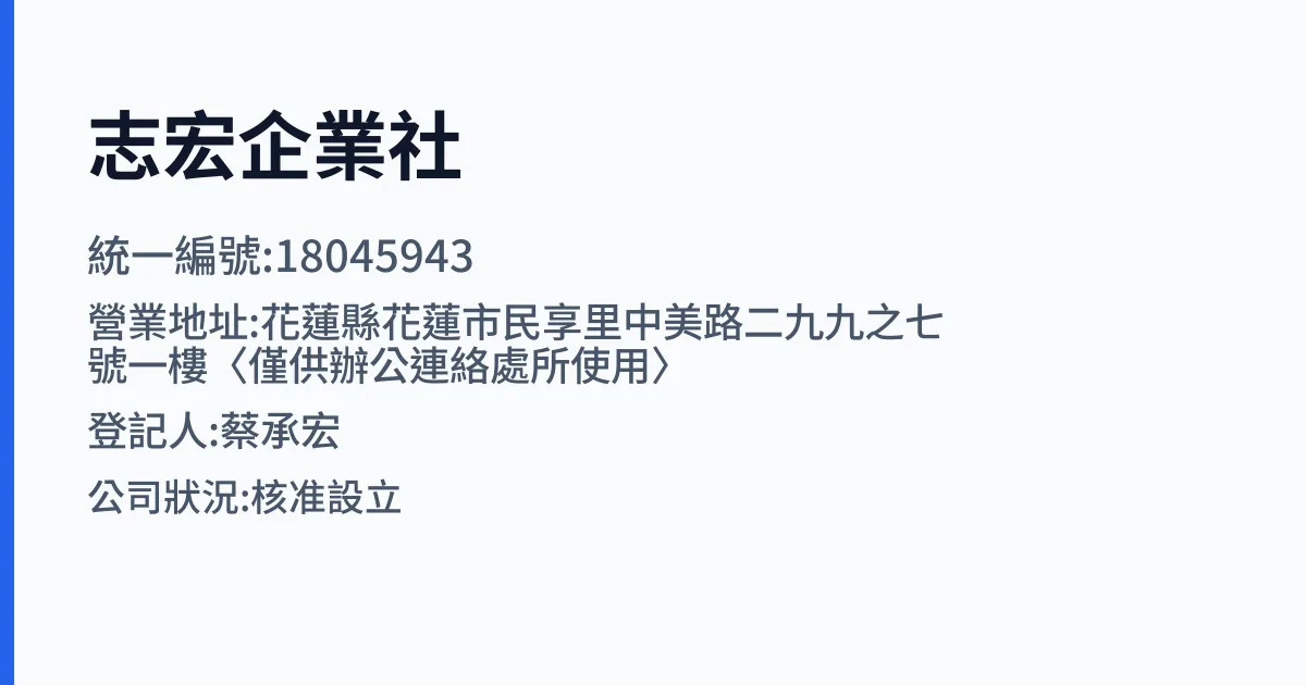 志宏企業社 - 統編 18045943(花蓮縣) 公司登記資料與營業項目詳細圖表