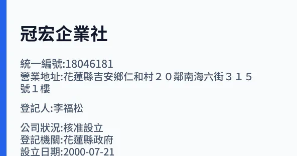 冠宏企業社的照片-統編 18046181(花蓮縣) 公司登記資料與營業項目詳細圖表