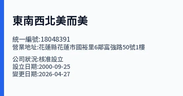 東南西北美而美的照片-統編 18048391(花蓮縣) 公司登記資料與營業項目詳細圖表