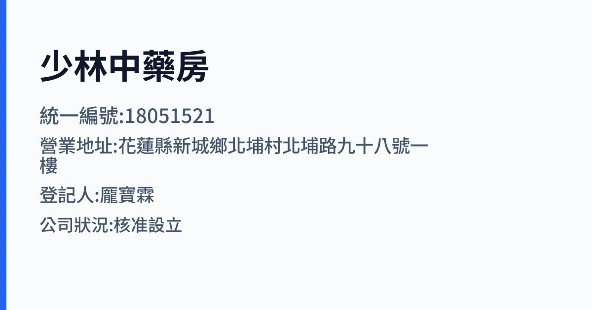 少林中藥房 - 統編 18051521(花蓮縣) 公司登記資料與營業項目詳細圖表